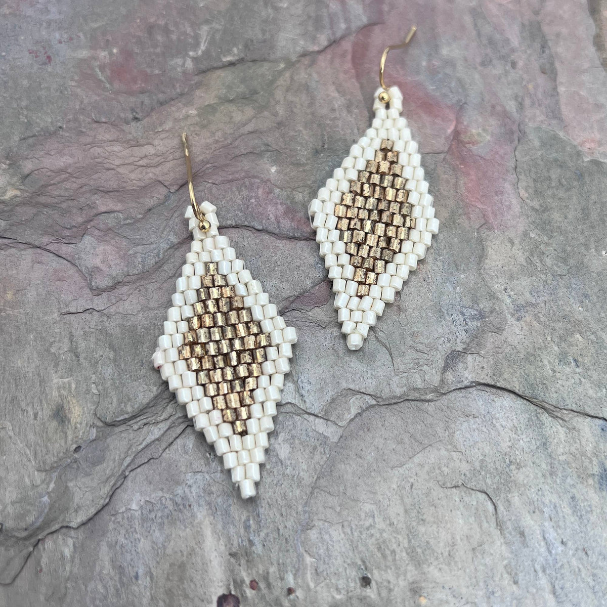 White & Gold Seed Bead Diamond Shaped Earrings – Ronny G Designs